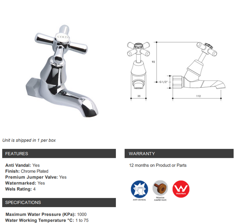 Monopoly Whitehall Tapware Bib Tap 45o FI COLD Chrome Plated With Jump ...