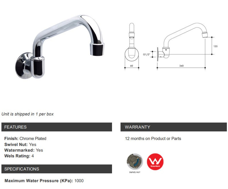 Monopoly Unstyled Tapware Swivel Wall Spout Tube Chrome Plated 300mm ...