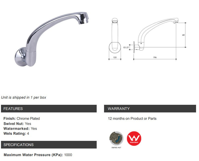 Monopoly Unstyled Tapware Swivel Wall Spout Cast Chrome Plated 180mm ...