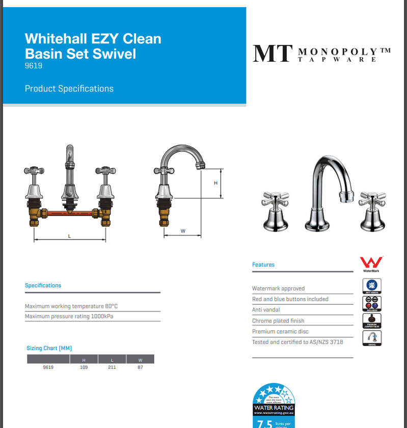 Monopoly Whitehall Tapware Basin Set Chrome Plated With Jumper Valves ...